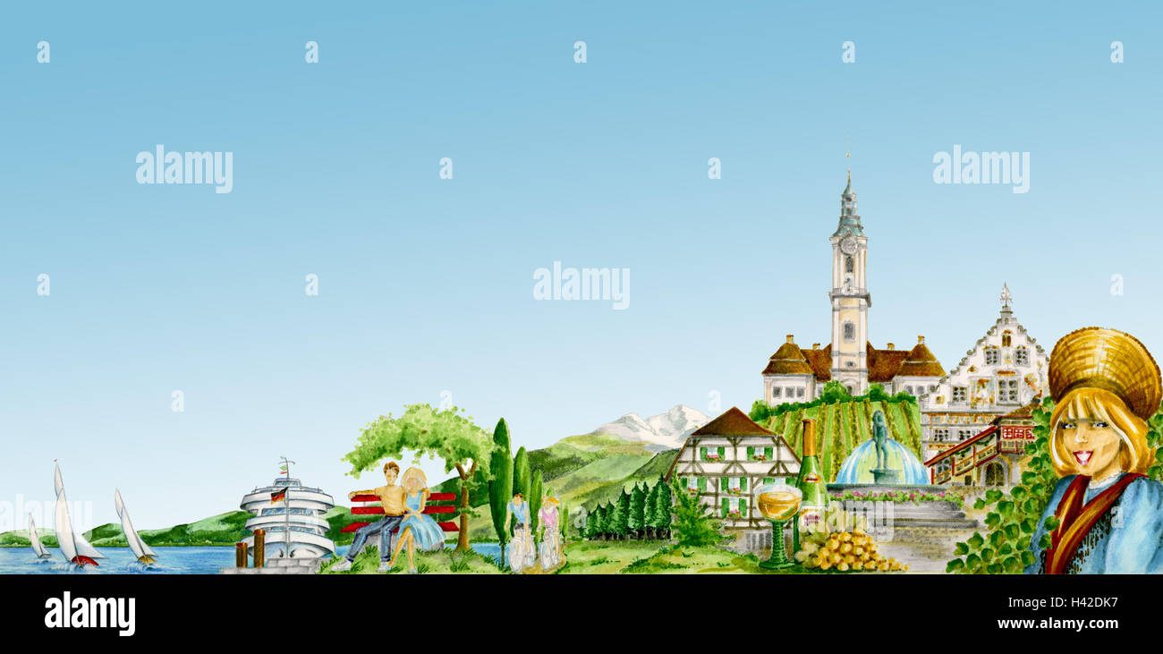 Illustration, Composing, Germany, Lake Constance, panorama, places ...