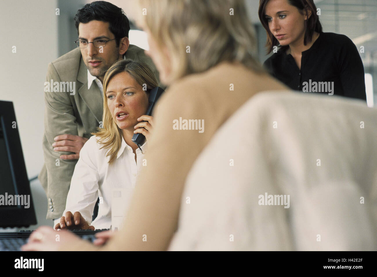 Clerks, computers, phone, discussion, Teamwork, business, office ...