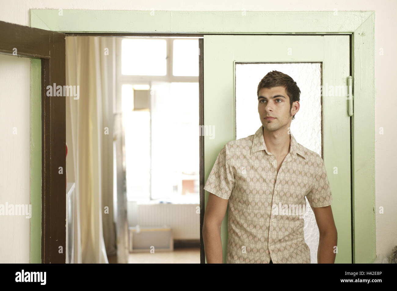 Front door, man, lean, think, half portrait, flat, door, openly, door ...