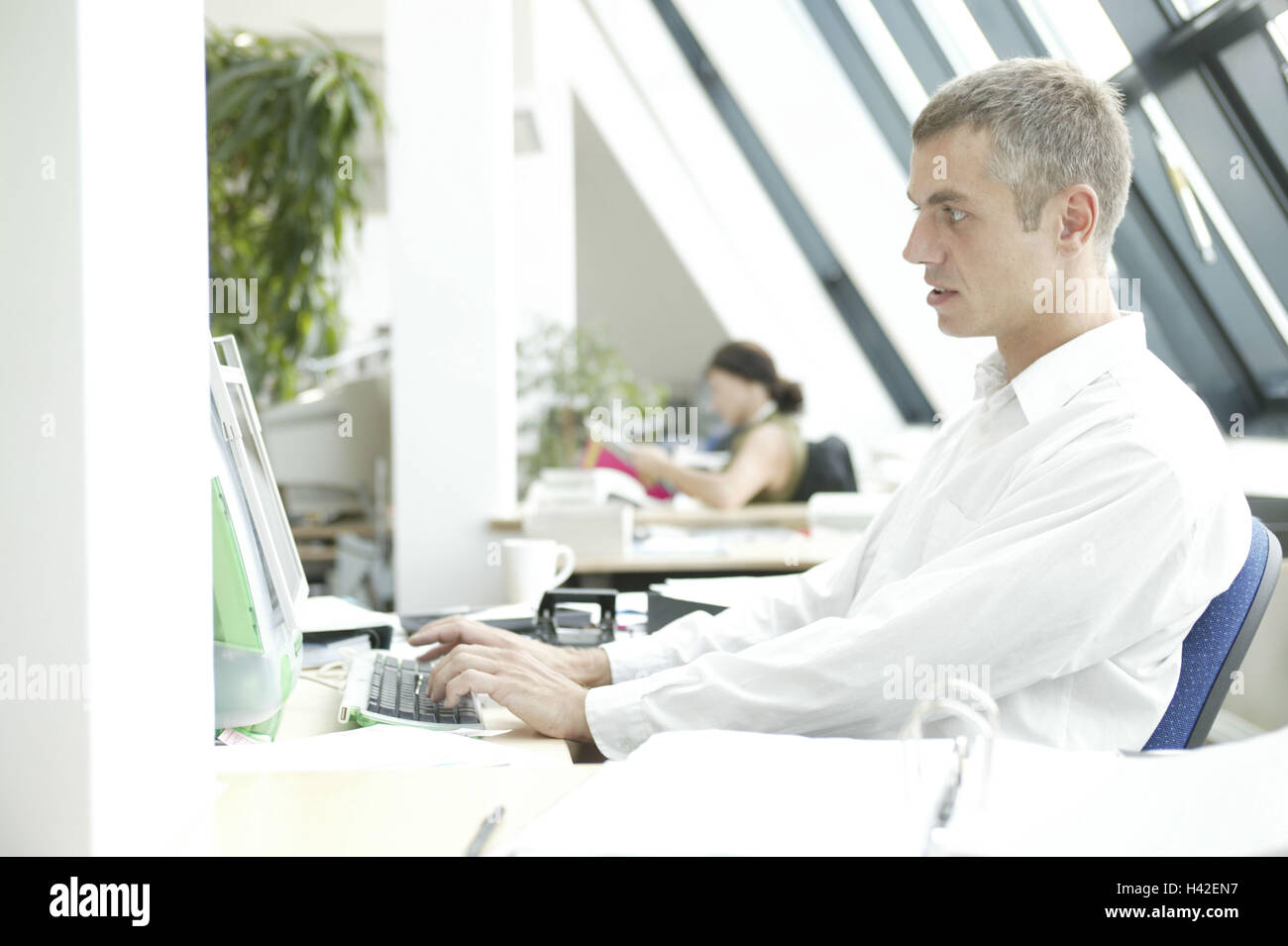 Office, office worker, work, computer, concentration, side view ...