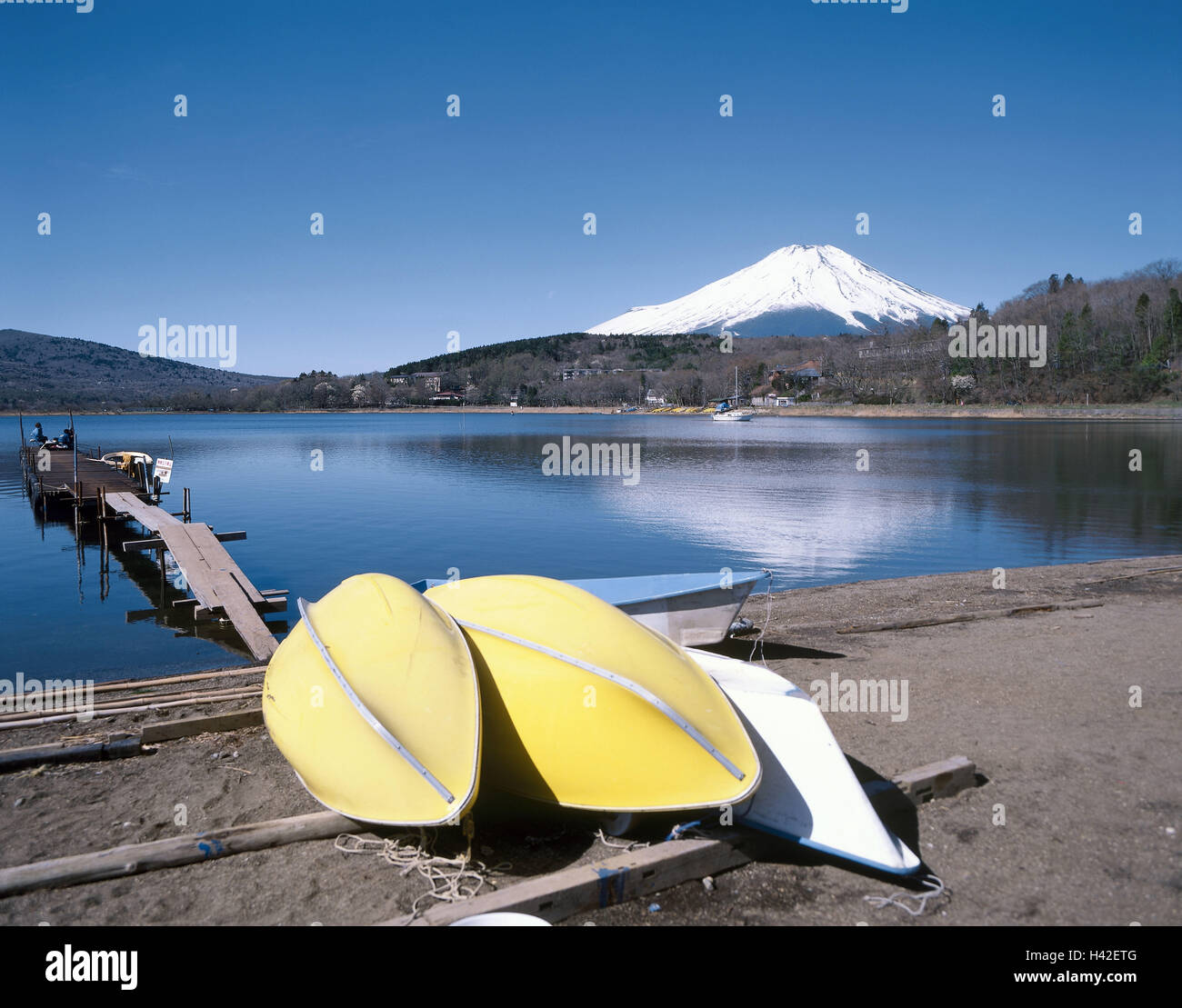 Japan, province Shizuoka, Yamanaka Lake, wooden jetty, boots, Mt. Fuji ...