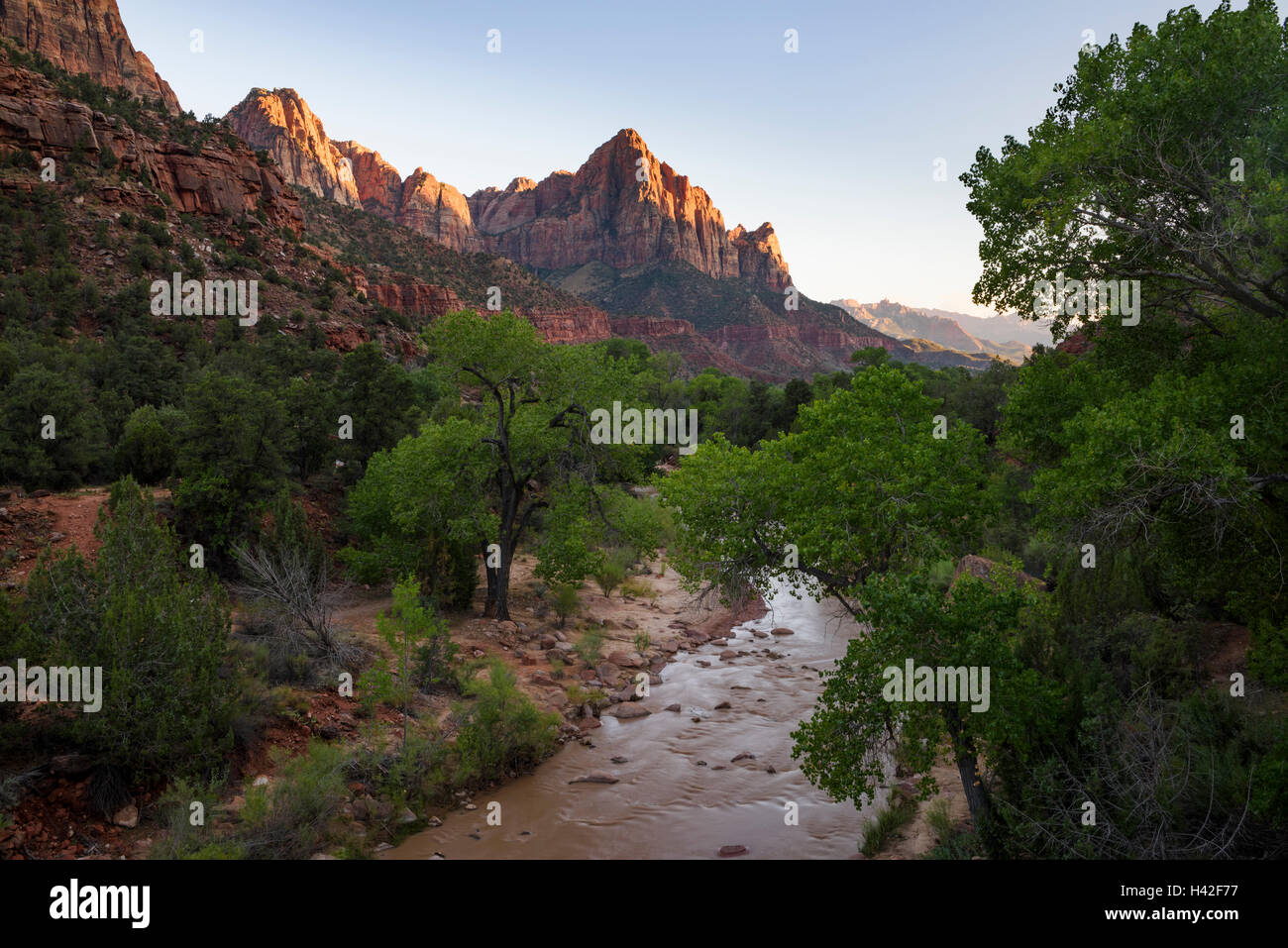 The Watchman mountain and the Virgin River, Zion National Park, located ...
