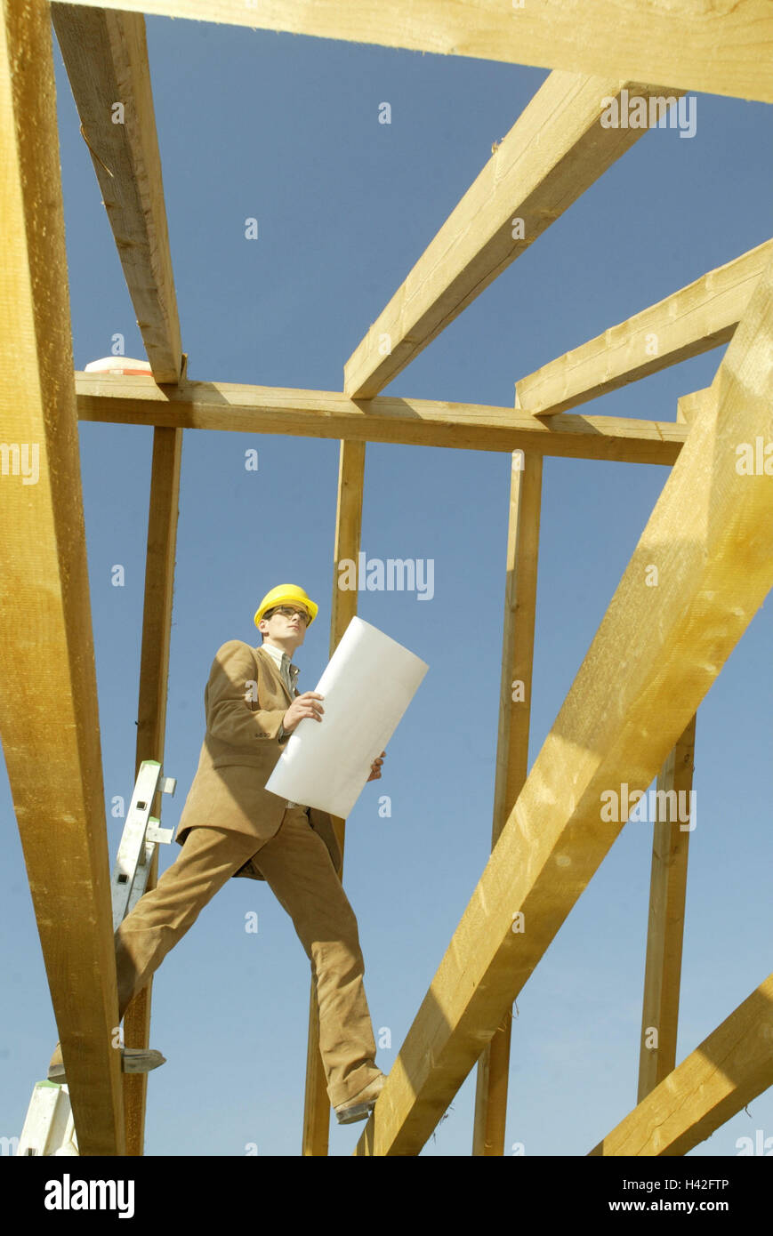 Men at work, roof truss, architect, construction helmet, plan, control ...