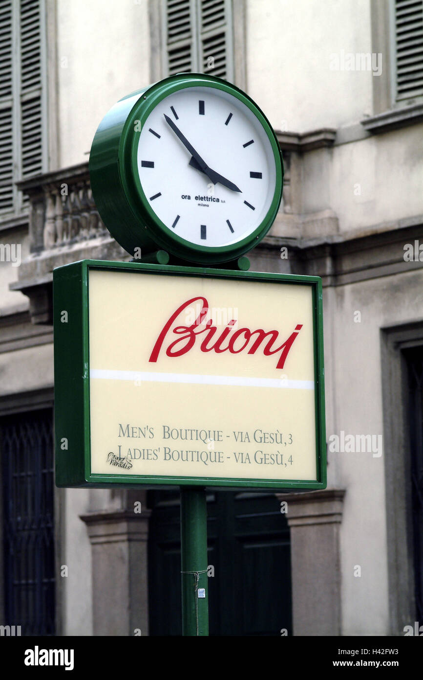 Italy, Milan, via Santo Spirito, pillar, clock, "Brioni advertisement ...