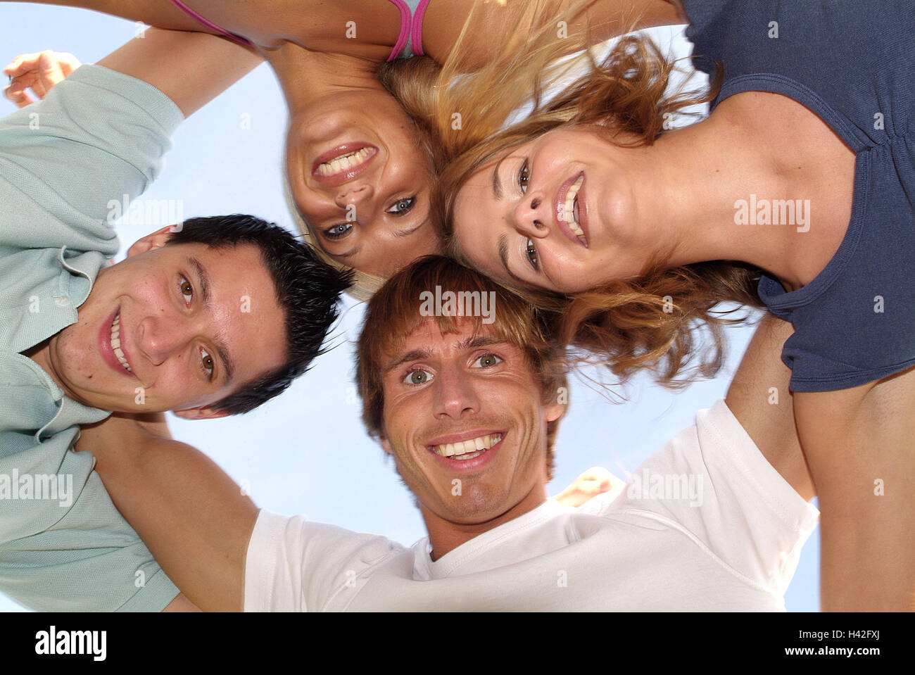 Couples, young, happy, stand, embrace circle, from below, portrait ...