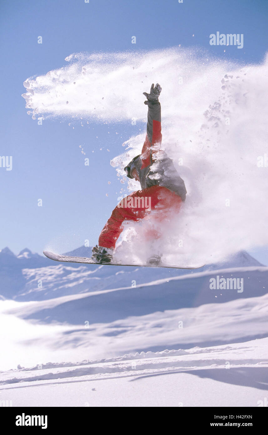 Snowboarder, crack, side view, snow mountains, skiing area, ski runway ...