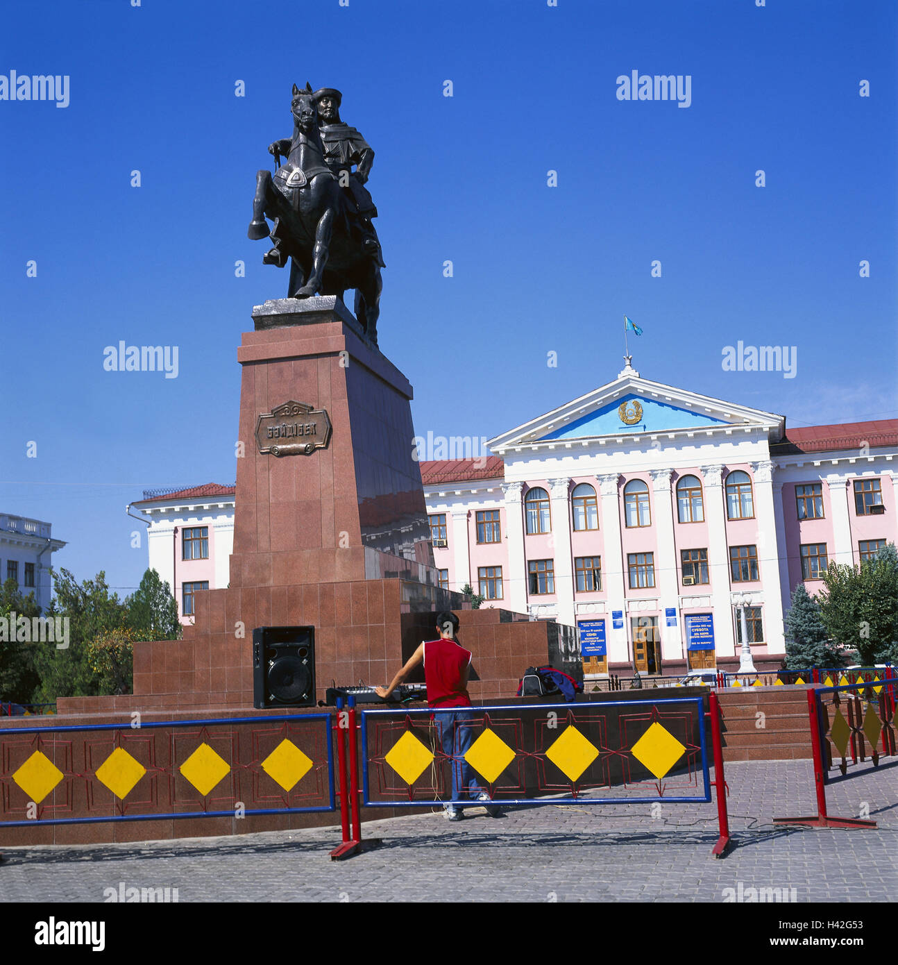 Kazakhstan, Taraz, city centre, equestrian statue, man, back view, Asia ...