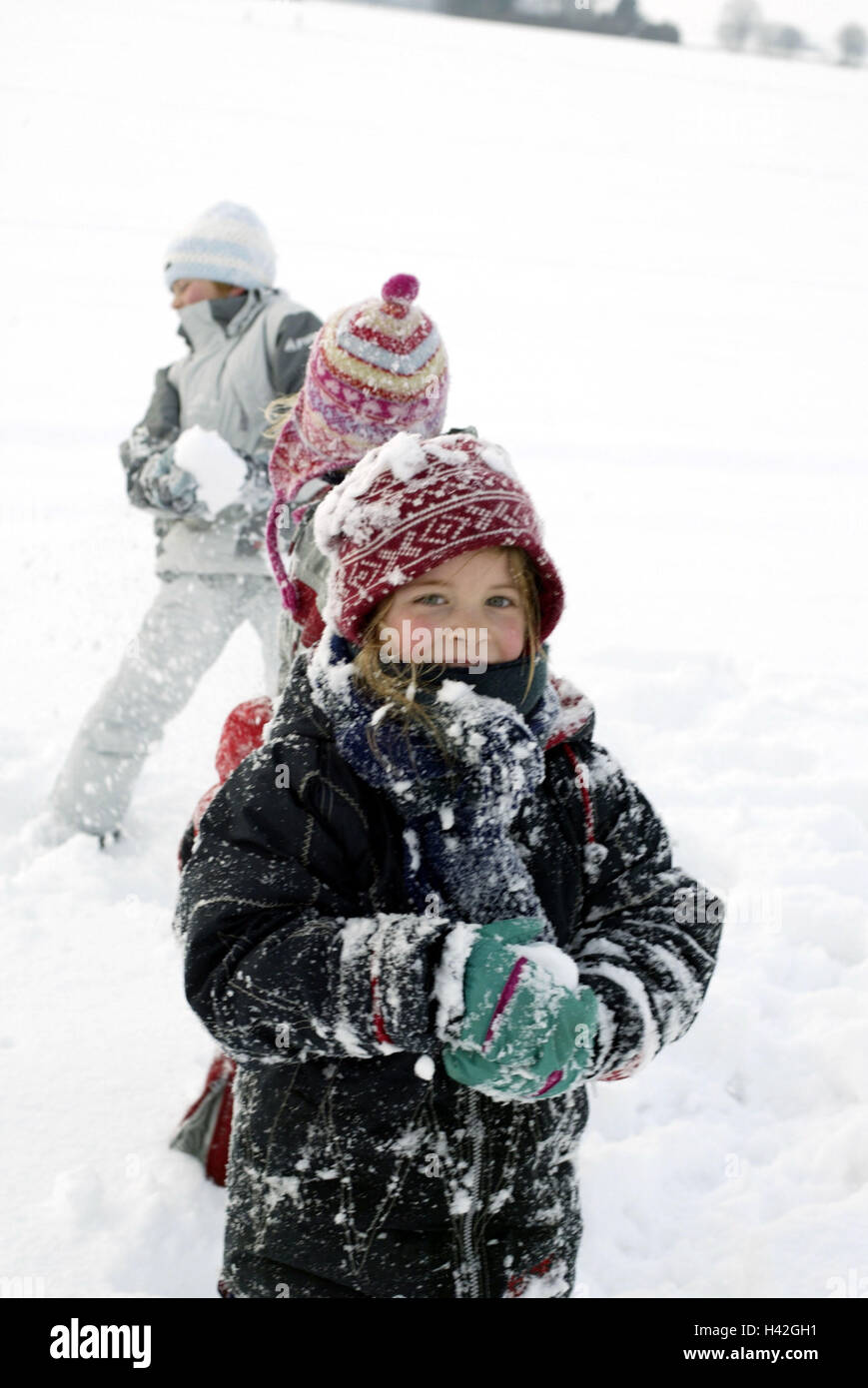 Girls, snowball battle, happy, season, winter, winter fun, children ...