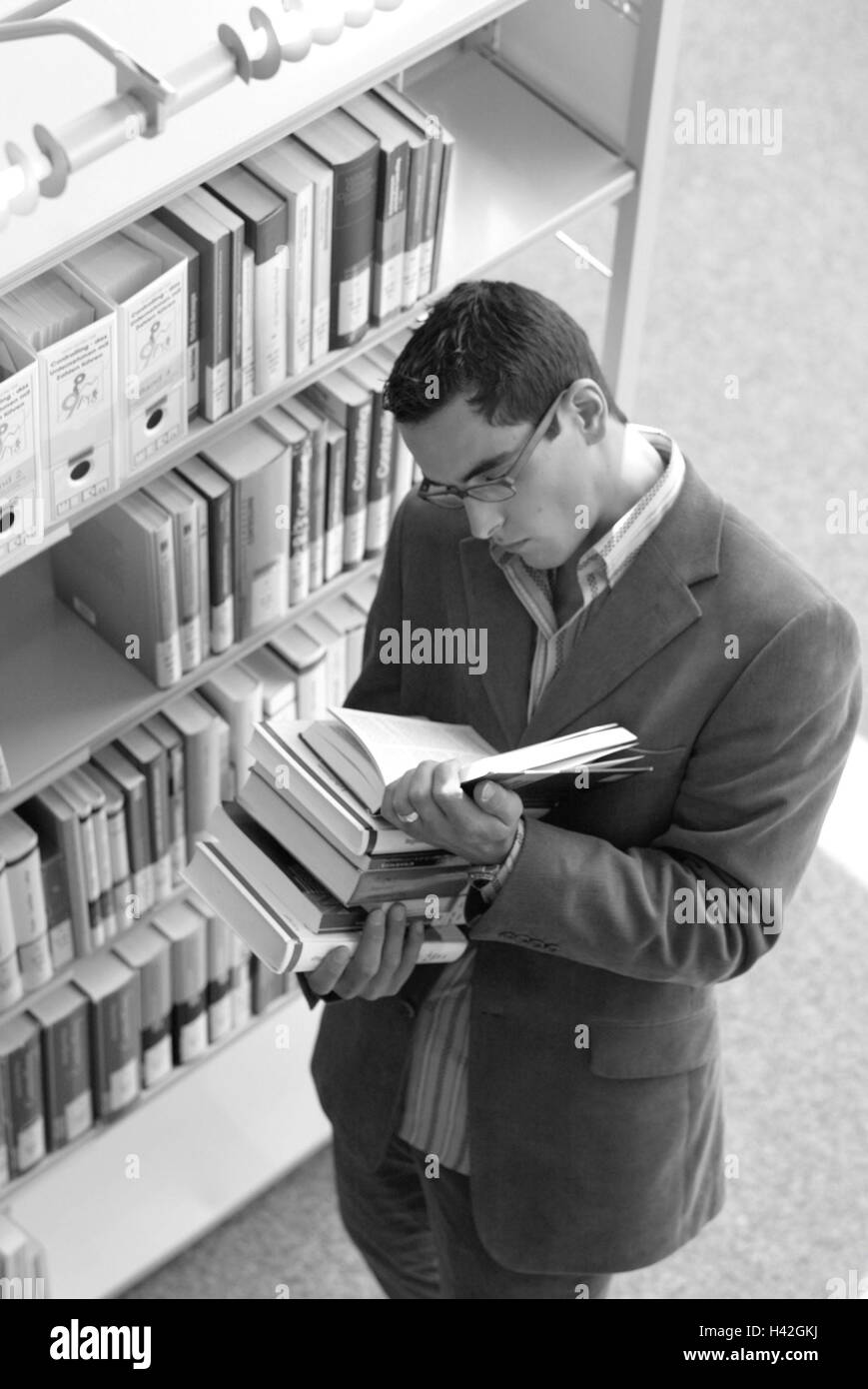 Library, man, book batch, book, select, b/w, library, public library ...