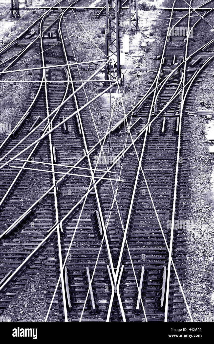 Railway station, railway track, detail, switchs, marshalling yard ...
