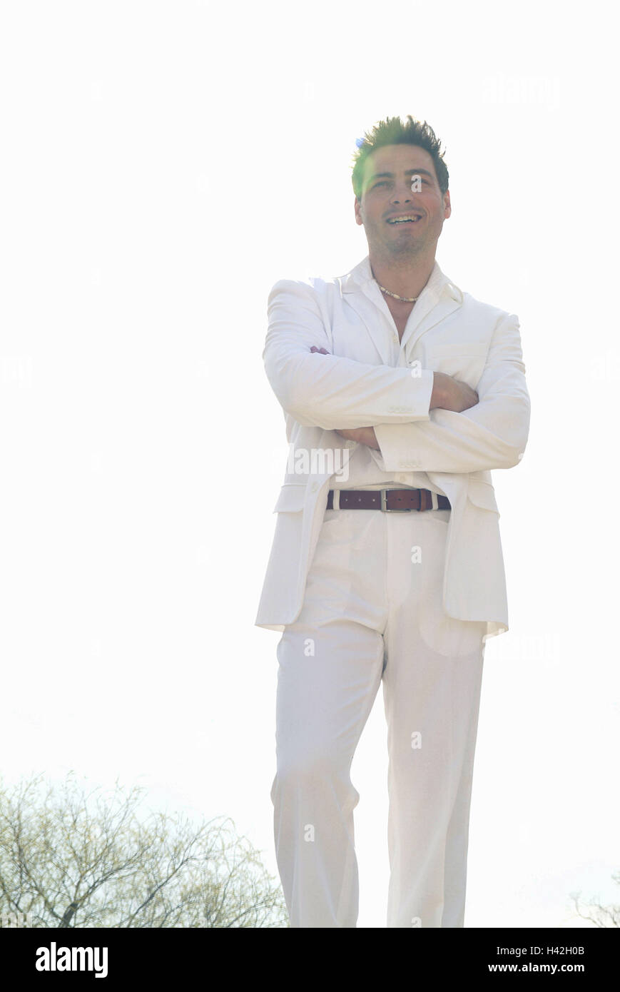 Man, careless, suit, white, stand, from below, 30-40 years, dark-haired ...