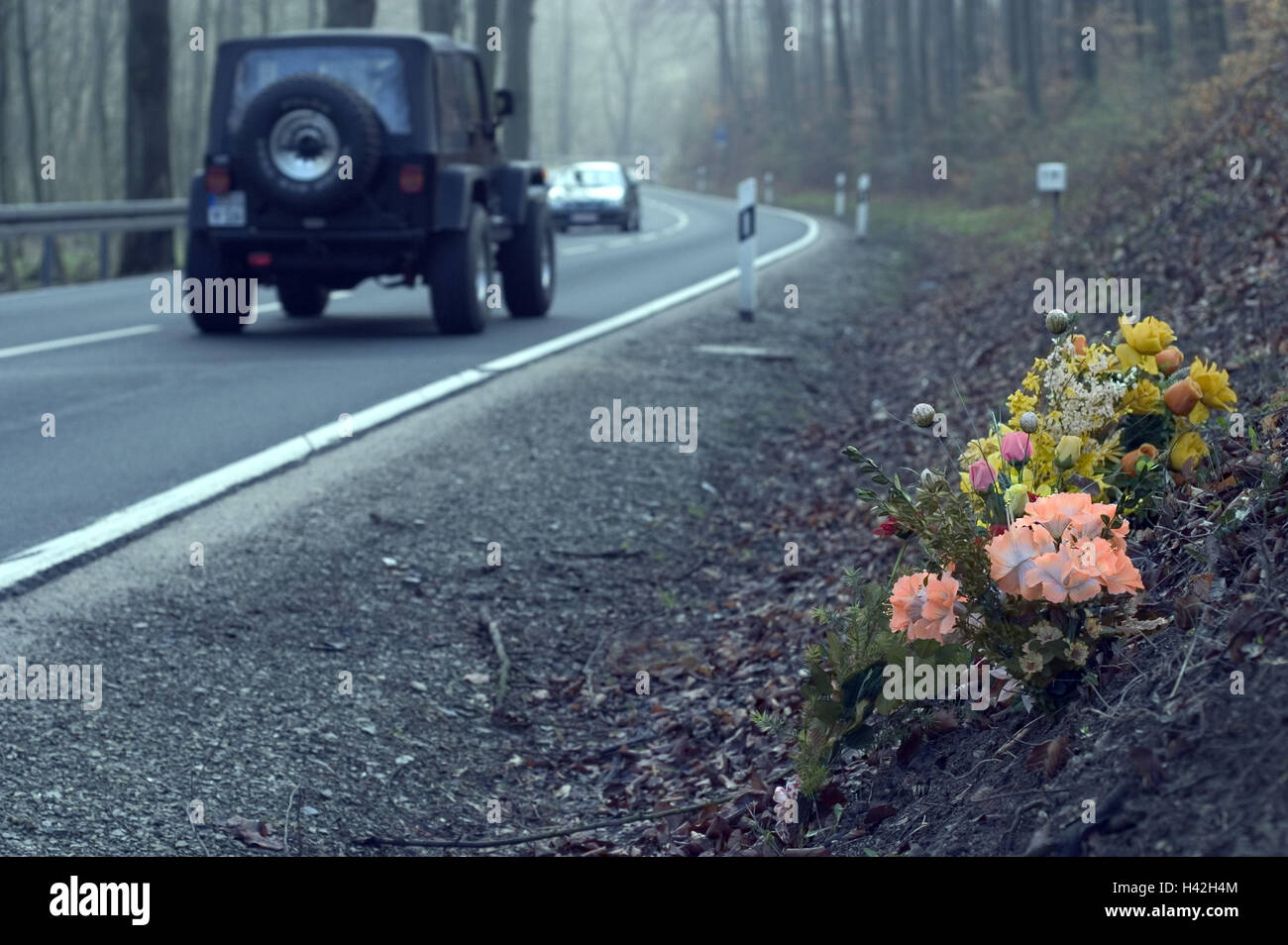 Wood, federal highway, traffic, roadside, scene the accident, flowers ...