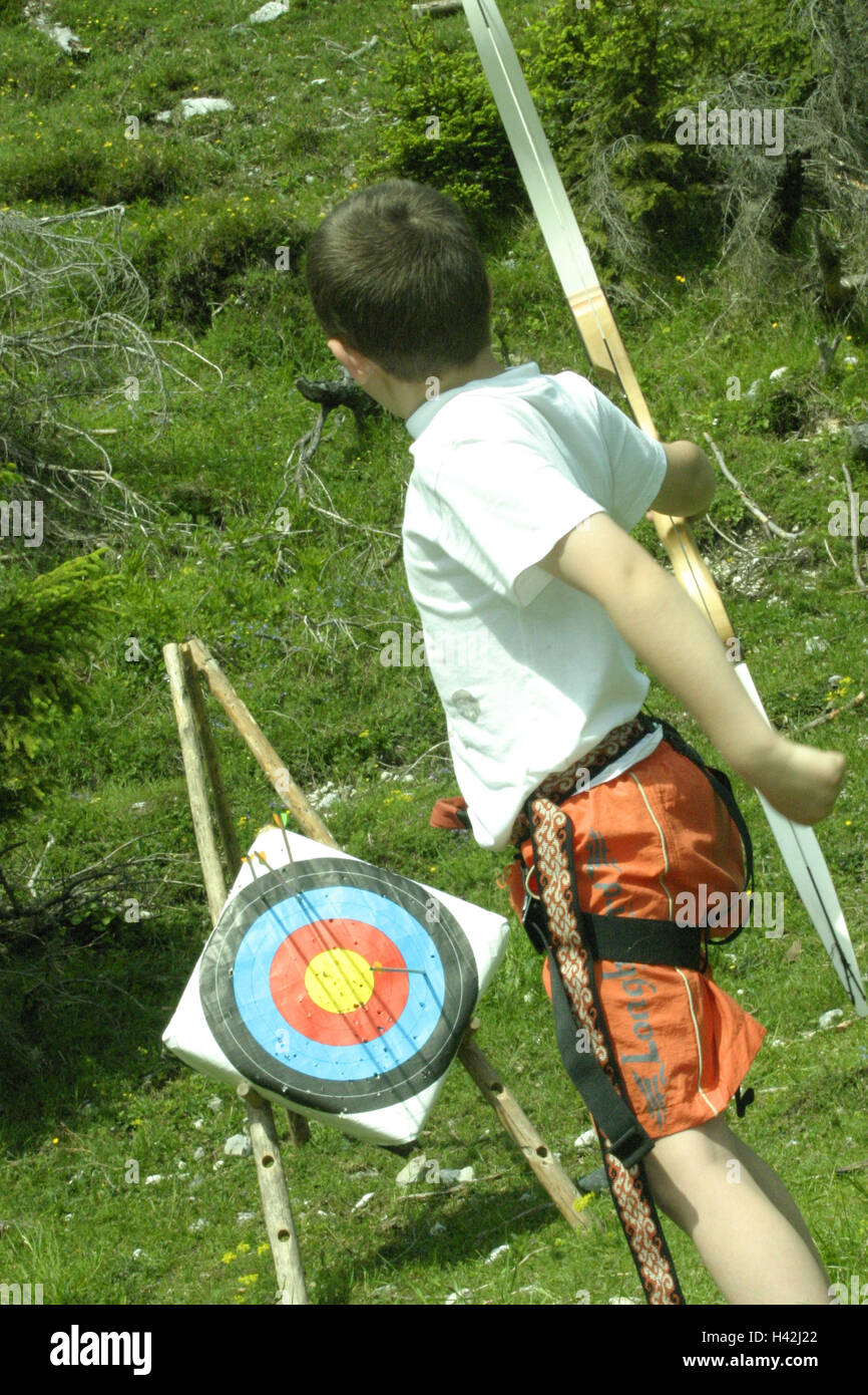 Meadow, boy, archery, back view child, 7 years, childhood, outside, fun ...