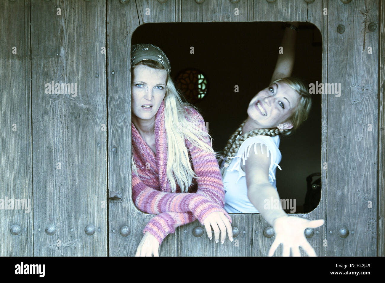 Wood door, window excerpt, women, two, young, fun, gesture, 20-30 years ...