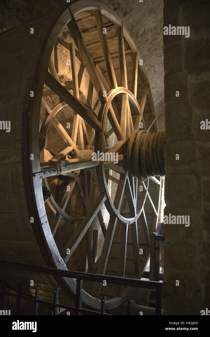 France, Normandy, Mont Saint Michel, hoist, traversing wheel, building ...