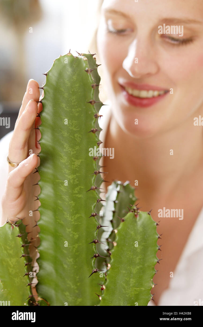Woman, detail, hand, indoor plant, Euphorbie, touch, smile, proudly ...