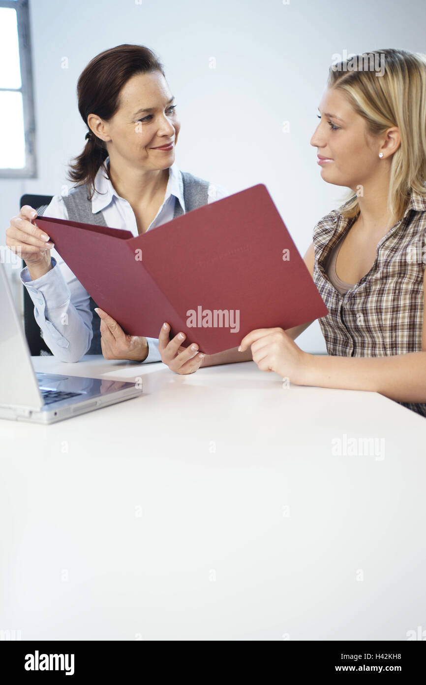 Woman, smiling, application folder, holding, girls, job interview ...
