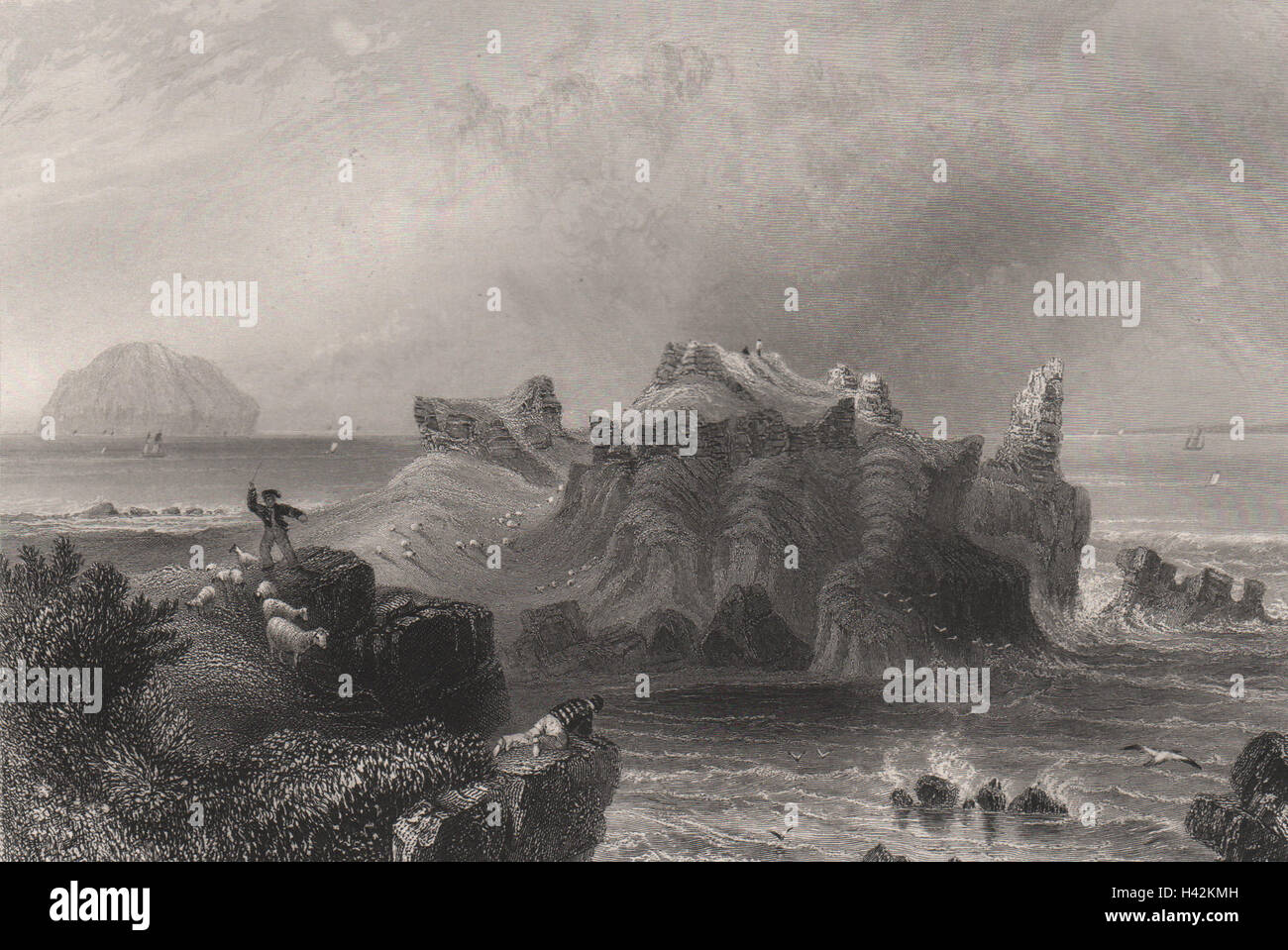 Ailsa Craig from Turnberry Castle. Scotland. BARTLETT c1840 old antique ...