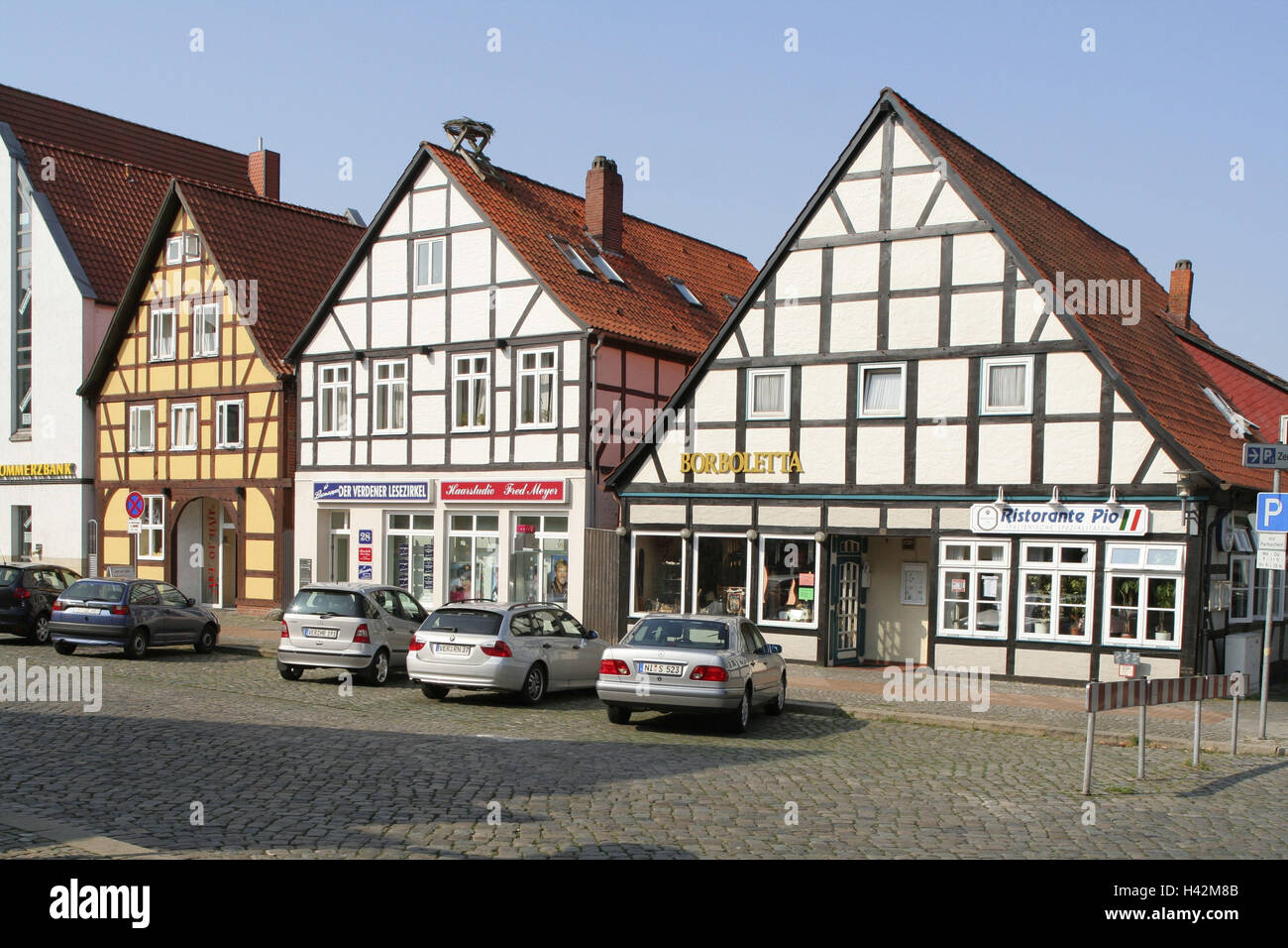Germany, Lower Saxony, Verden in all, big street, half-timbered houses ...