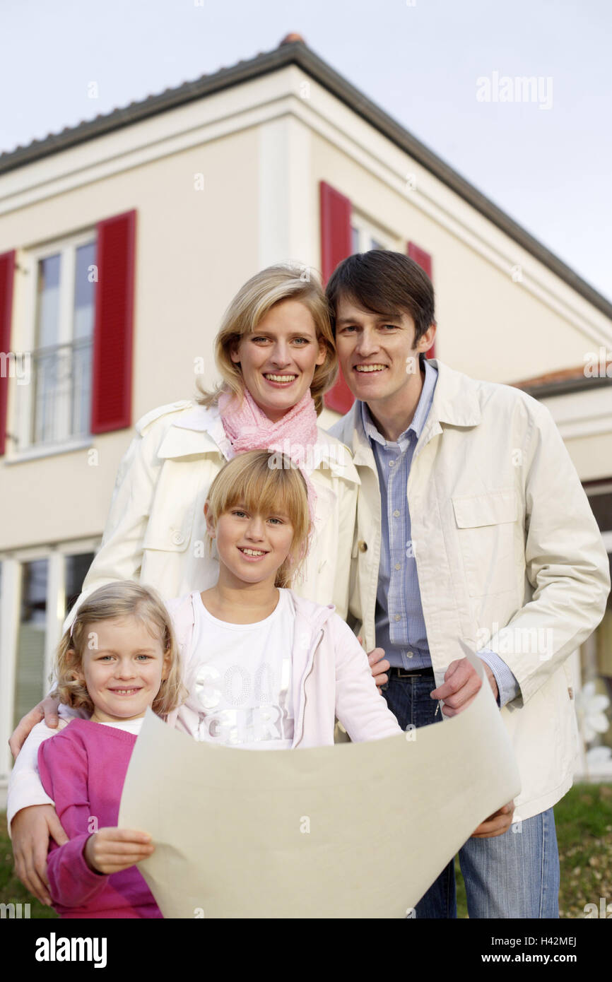 Family, smile young, single-family dwelling, contently, plan, half ...