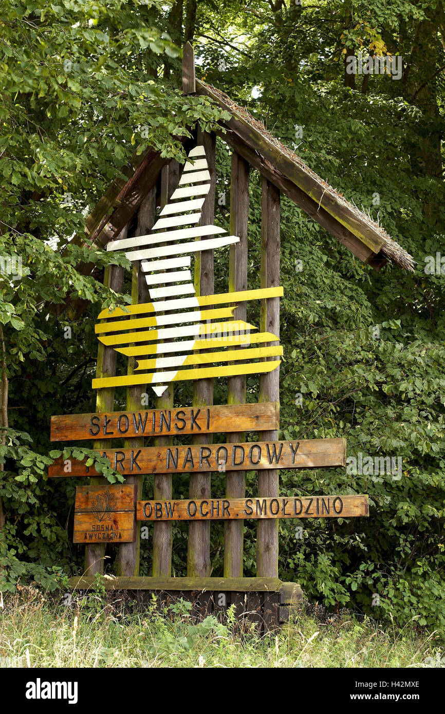 Poland, Pomerania, Slowinski national park, park input, sign, East ...