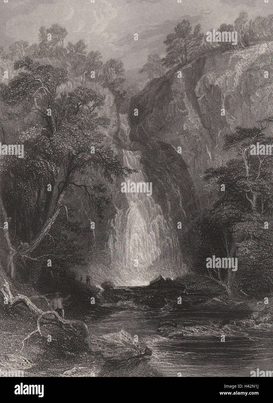 Cauldron Linn, River Devon falls. Perthshire. Scotland. ALLOM c1840 old ...