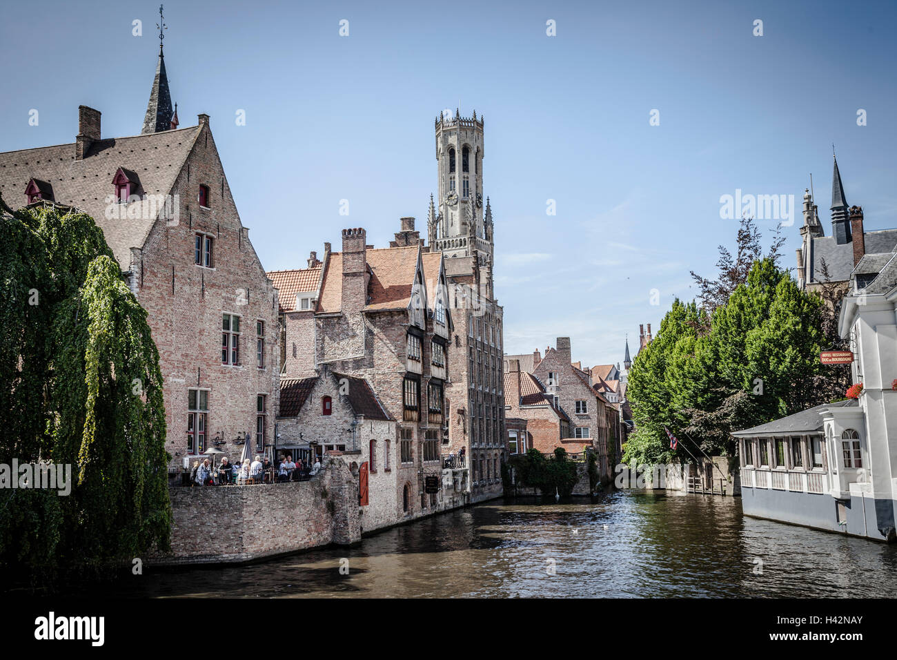 Scenic city view of Bruges canal with beautiful medieval colored houses ...