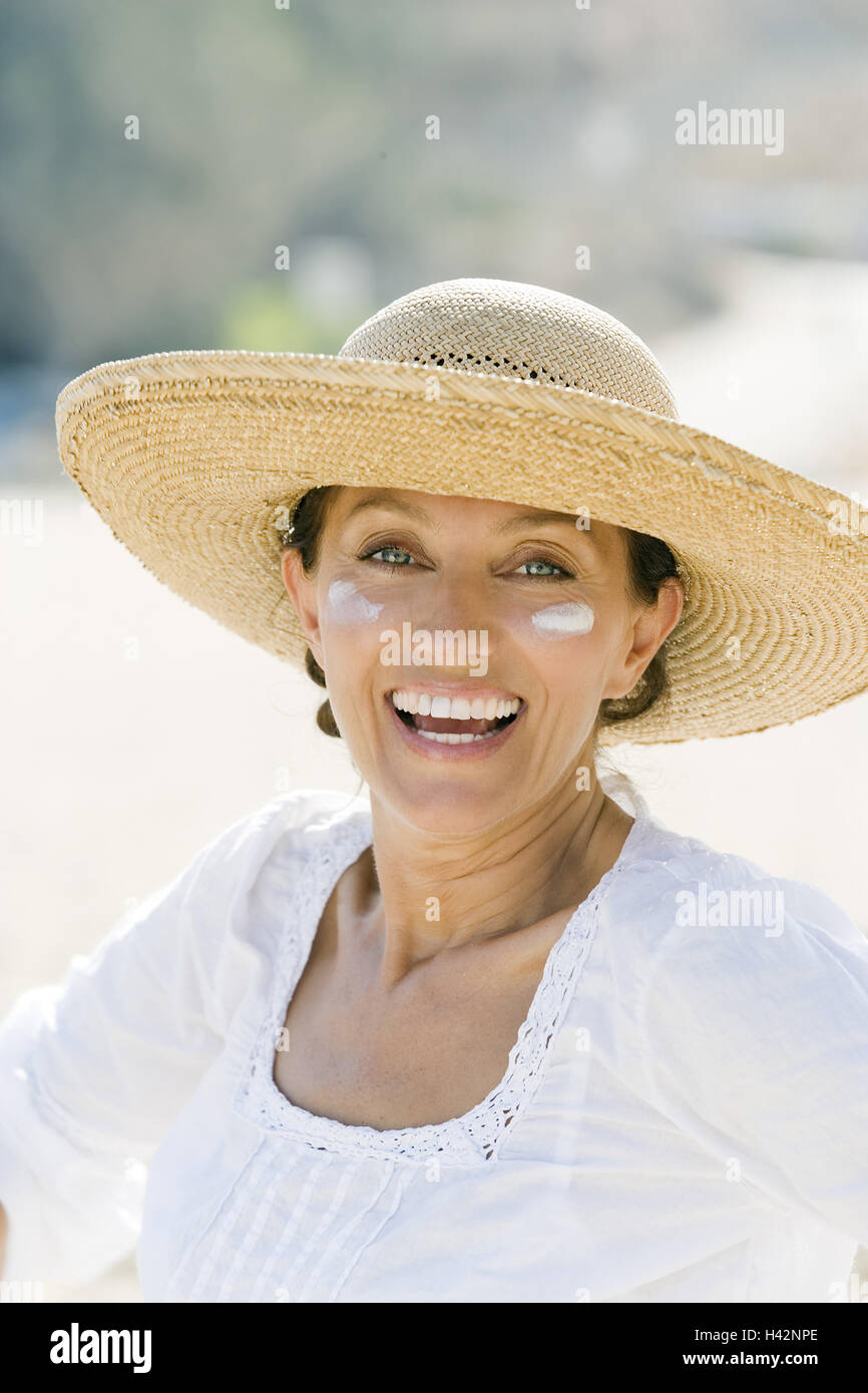 Woman, portrait, straw hat, look, cream, laugh, model released Stock ...