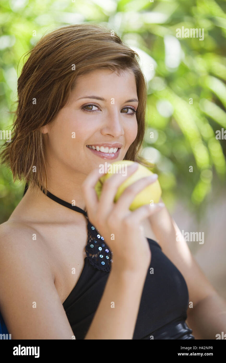 Woman, smile young, brunette, portrait, apple, hold, blur, model ...