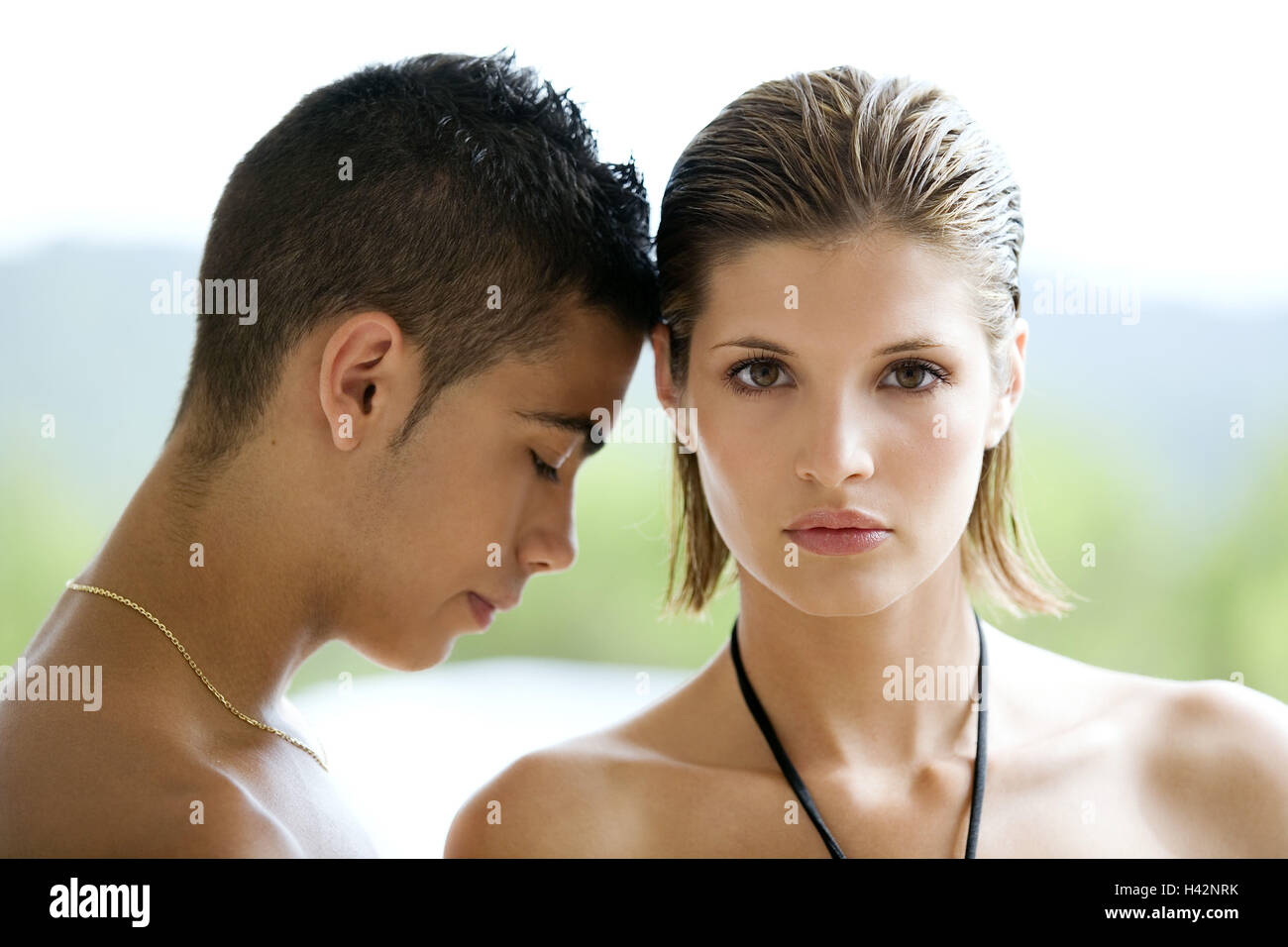 Woman, young, brunette, view camera, portrait, man, tread, head added ...