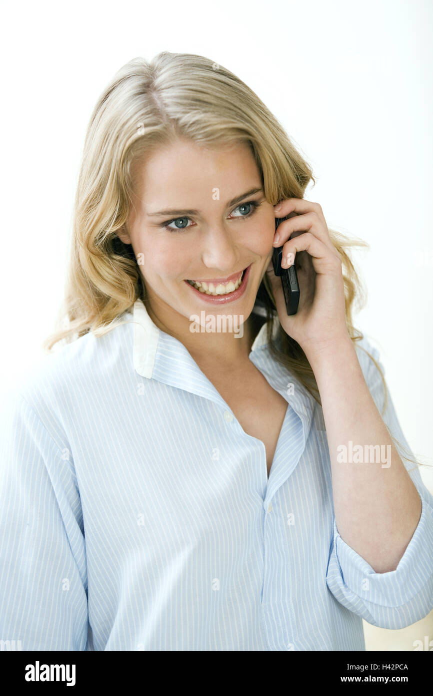 Woman, call up young, blond, mobile phone, portrait Stock Photo - Alamy