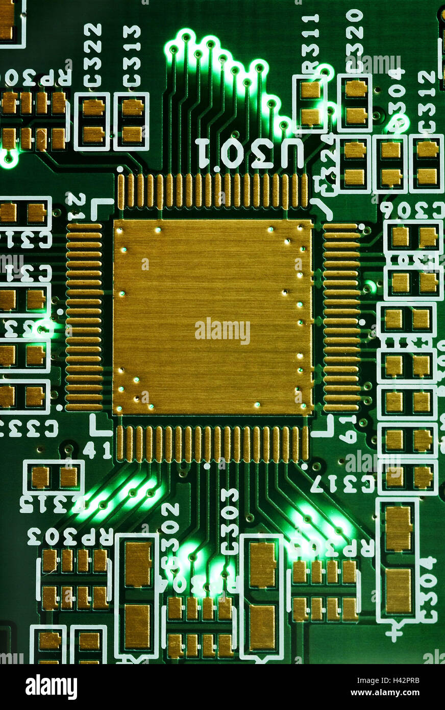 To board, close up, electronics, green, copper circuit, conductor paths ...