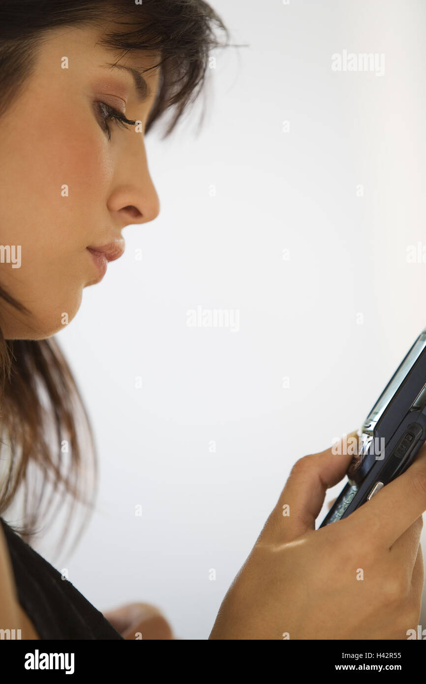 Woman, young, mobile phone, portrait, side view Stock Photo - Alamy