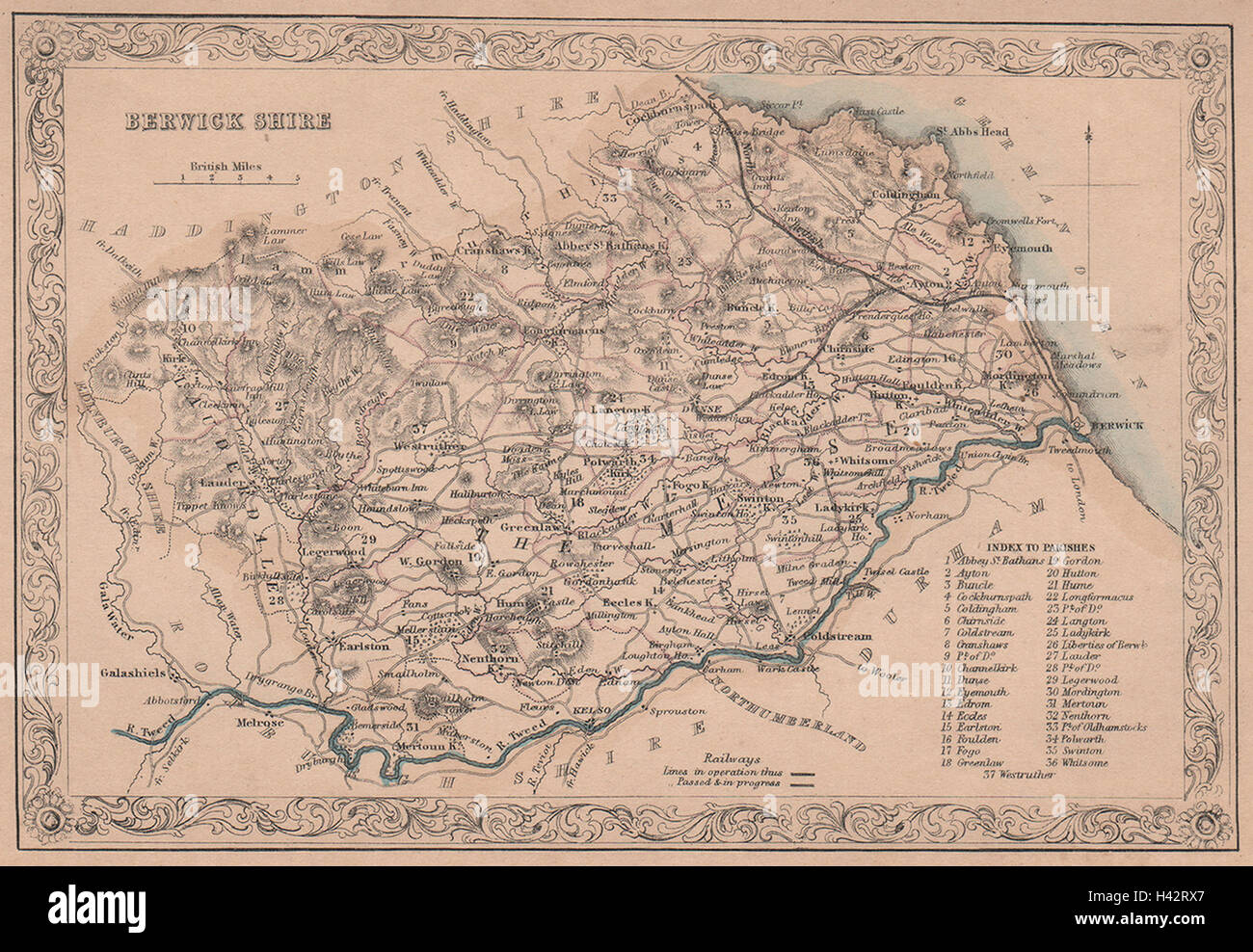 Decorative antique county map of Berwickshire, Scotland. FULLARTON 1868 ...