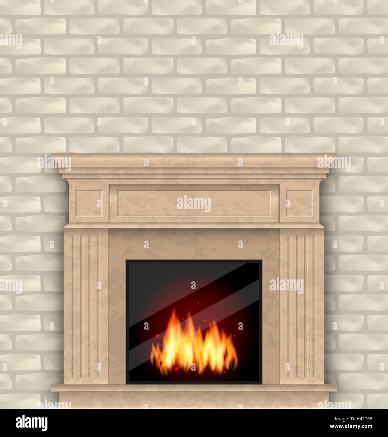 Realistic Marble Fireplace with Fire in Interior, Brick Wall Stock ...