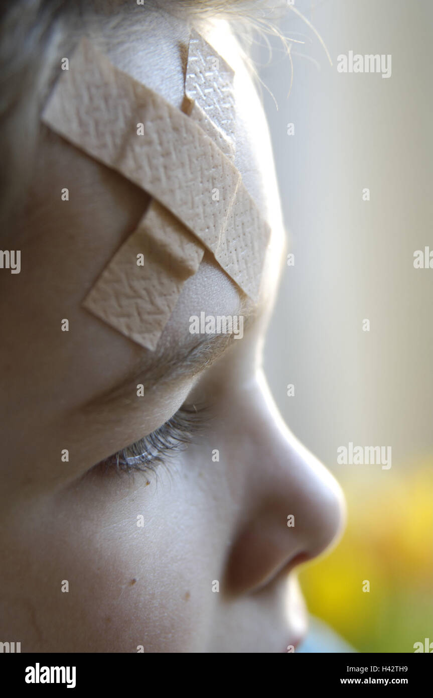 Boy, forehead, plaster, close up, person, child, injury, sore supply ...