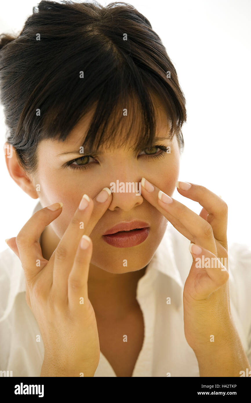 Woman, young, view reflector, critically, hands, nose, portrait Stock ...
