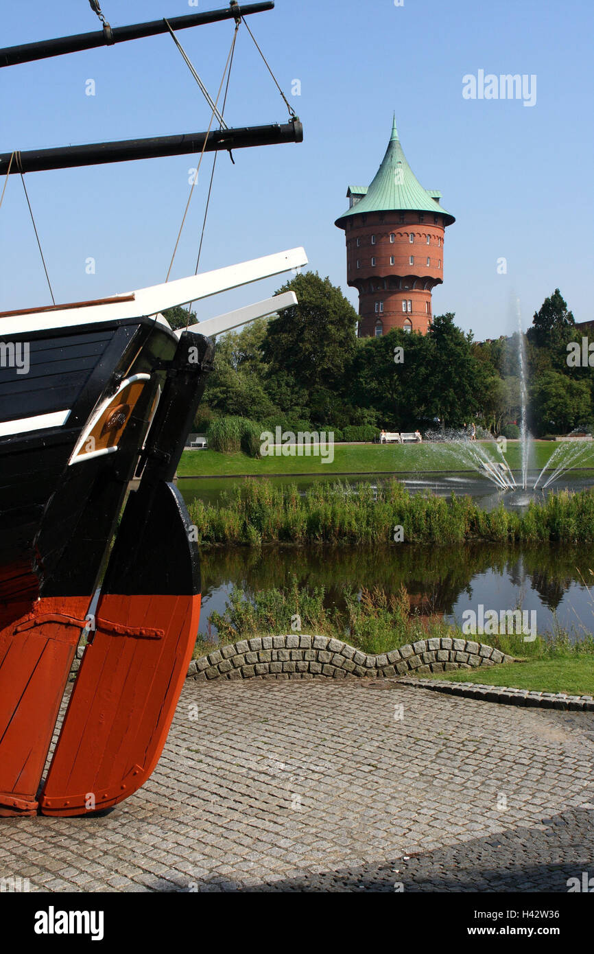Germany, Lower Saxony, Cuxhaven, water tower, in 1897, park, pond, play ...