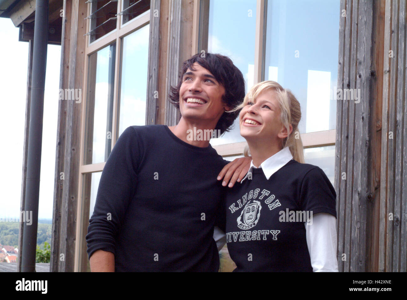 House, window front, detail, couple, happy, to high-level views, half ...