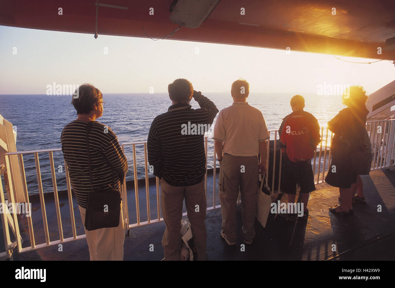 Ferry, deck, passengers, sundown, observe, back view sea, ship, car ...