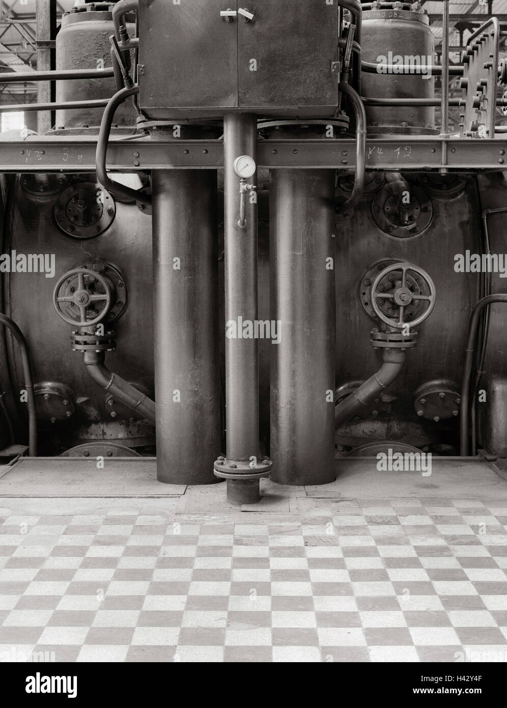 Steam-engine, detail, floor, tiled, b/w Stock Photo - Alamy
