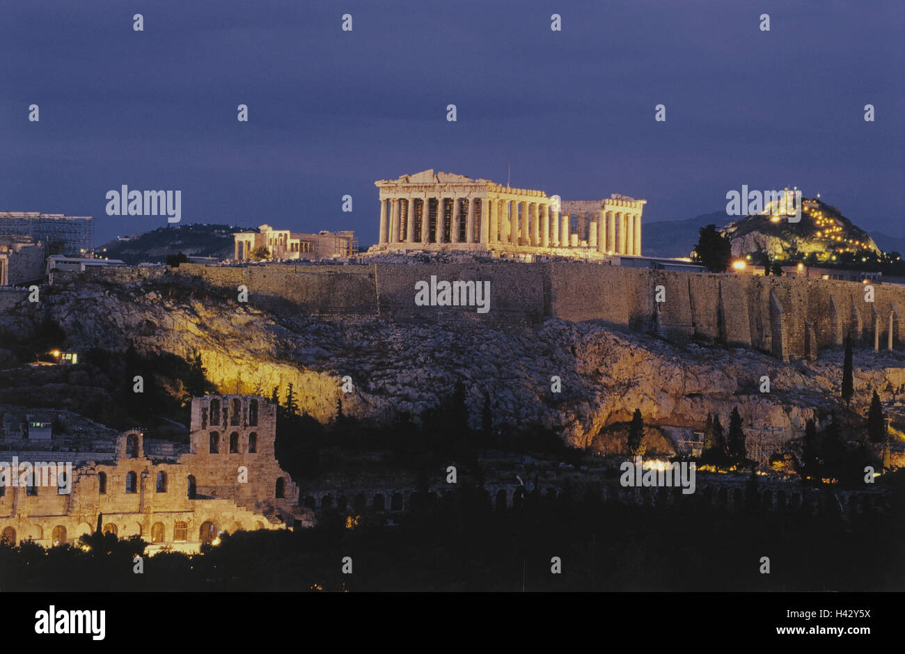 Greece, Athens, town view, Acropolis, Parthenon, Lykabettos hill ...