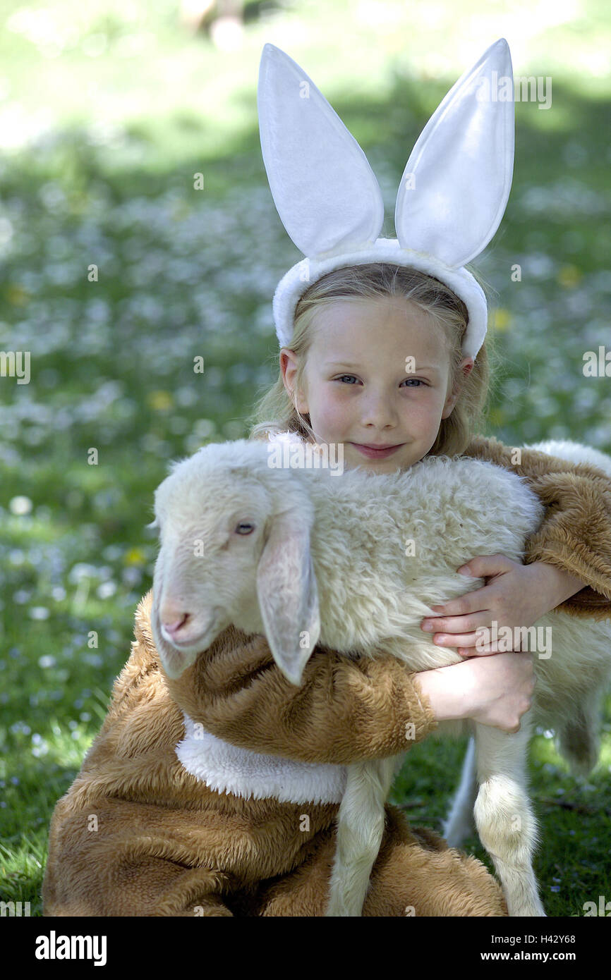 Meadow, girl, smile, hare's costume, lamb, embrace, portrait, Easter ...