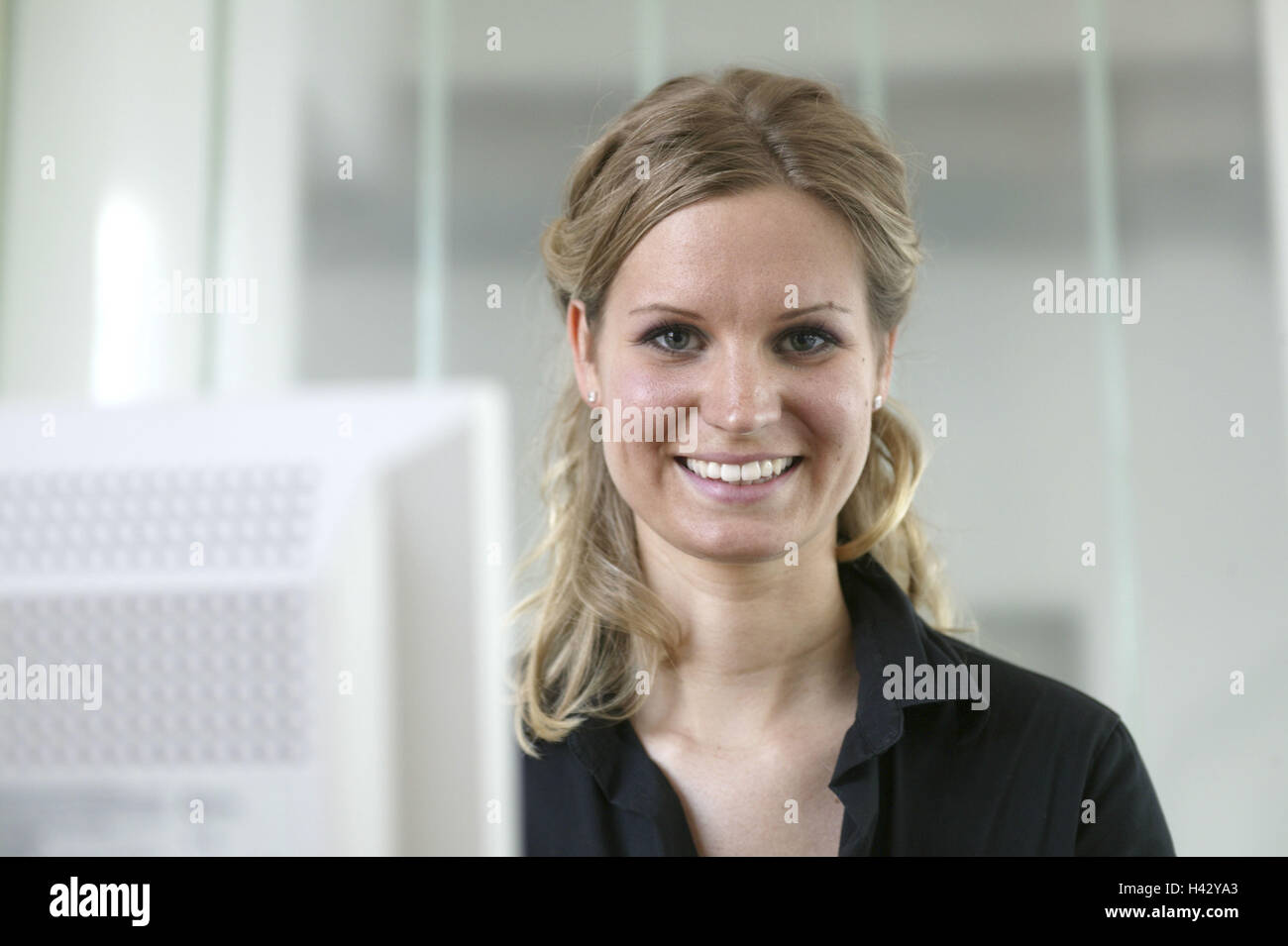 Clerks, computer work, smile, portrait, office, office, bank, counter ...