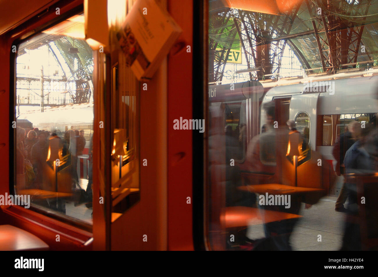 Germany, Frankfurt, railway station, train compartment, view window ...