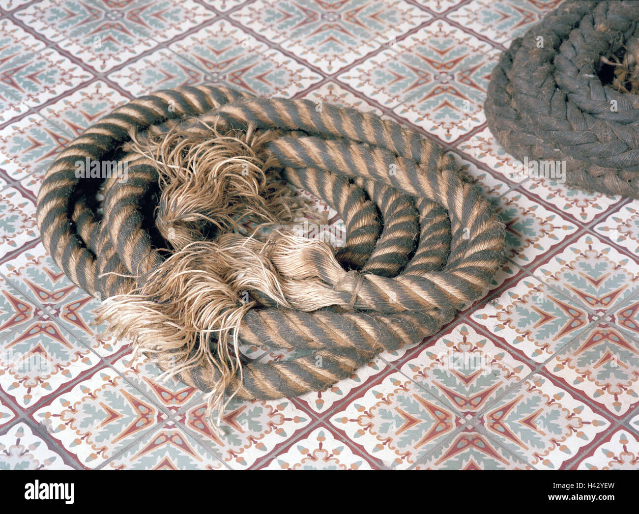 Tiled floor, ropes, rolled up, floor, floor, tiles, tiled, tiles ...