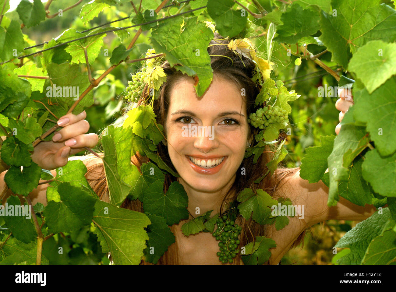 Wine queen, smile, hair ornament, view gesture, vine, portrait, woman ...