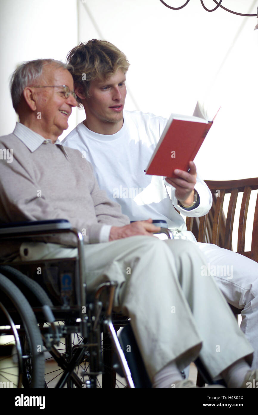 Bank, geriatric nurse, sit, read out boss, invalid's wheel chair, book ...