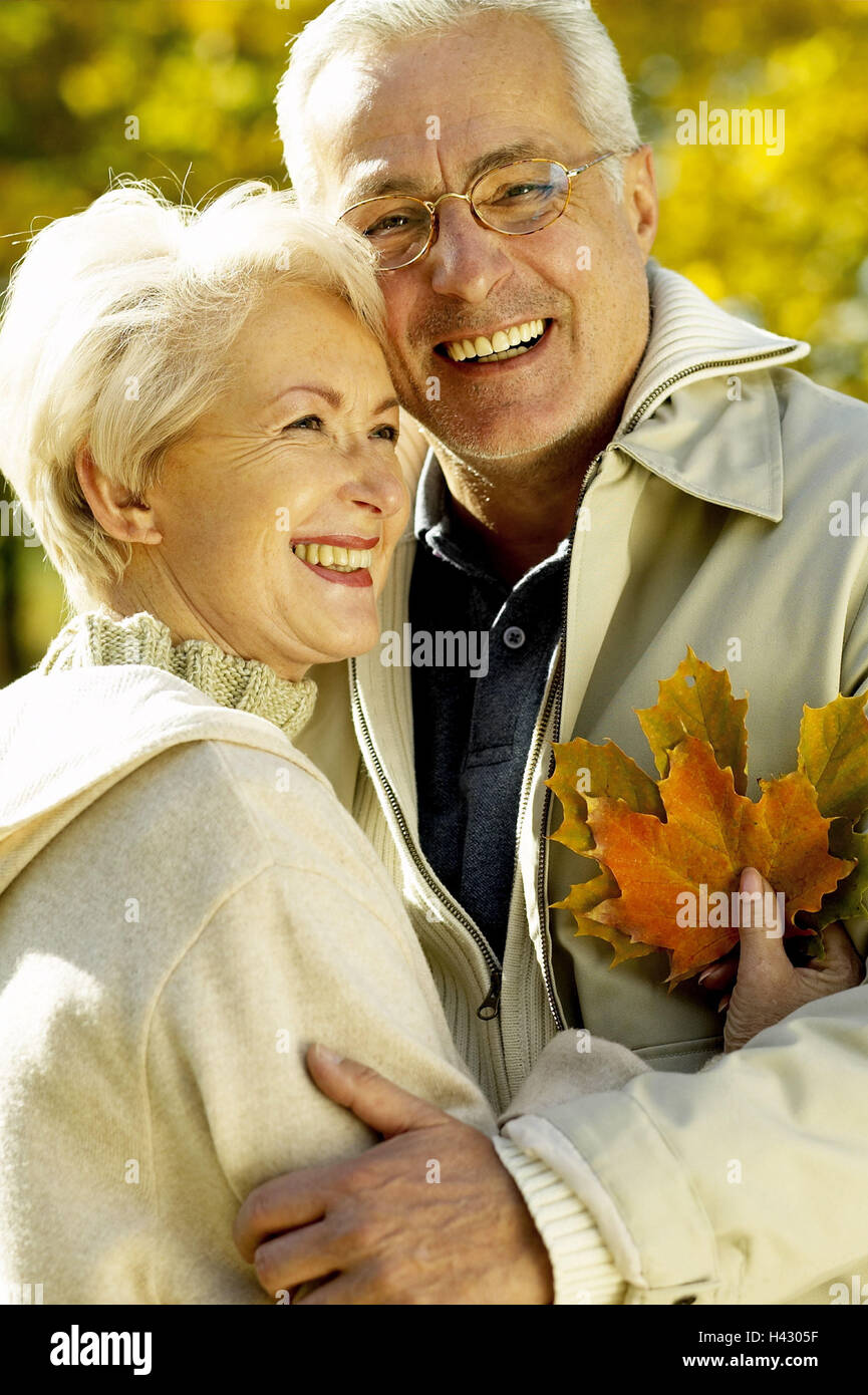 Park, Senior couple, falls in love, smile, maple foliage, half portrait ...