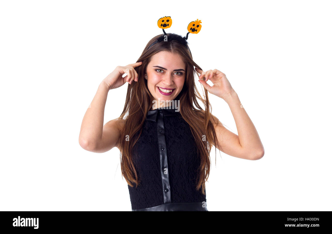 Woman with headband touching her hair Stock Photo - Alamy